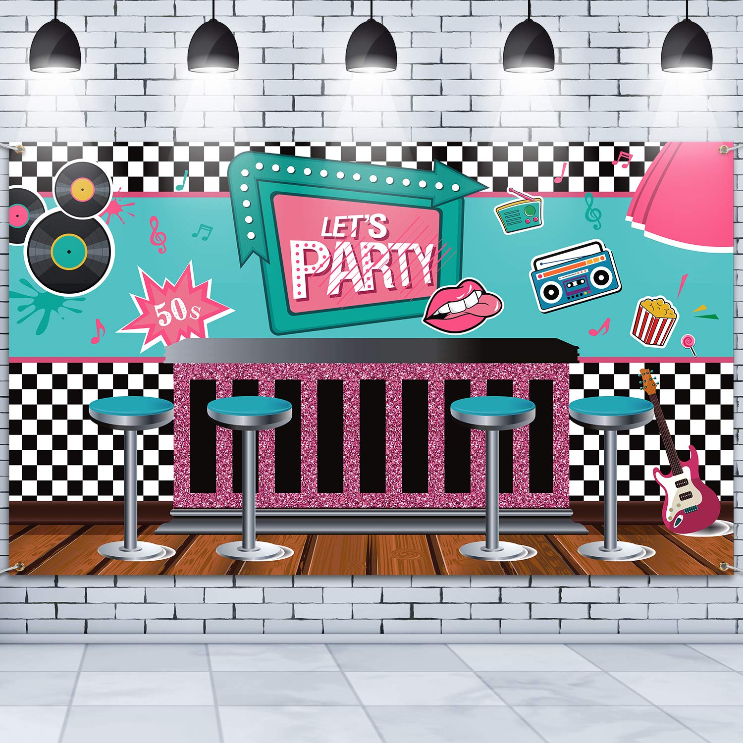 Back to 50's Rock and Roll Party Banner Rocking Party Backdrop 1950s Soda Shop Banner Retro Diner Decoration Background Photography Photo Props for Disco Studio Booth Supplies, 72.8 x 43.3 inch