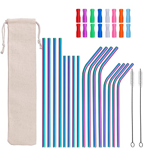 16-Pack Reusable 18/10 Stainless Steel Metal Straws with Silicone Tips & Cleaning Brush, Suotarn Long Drinking Straws for 20 24 30 oz Coffee Tumbler Travel Mug Cup, Dishwasher Safe, Rainbow