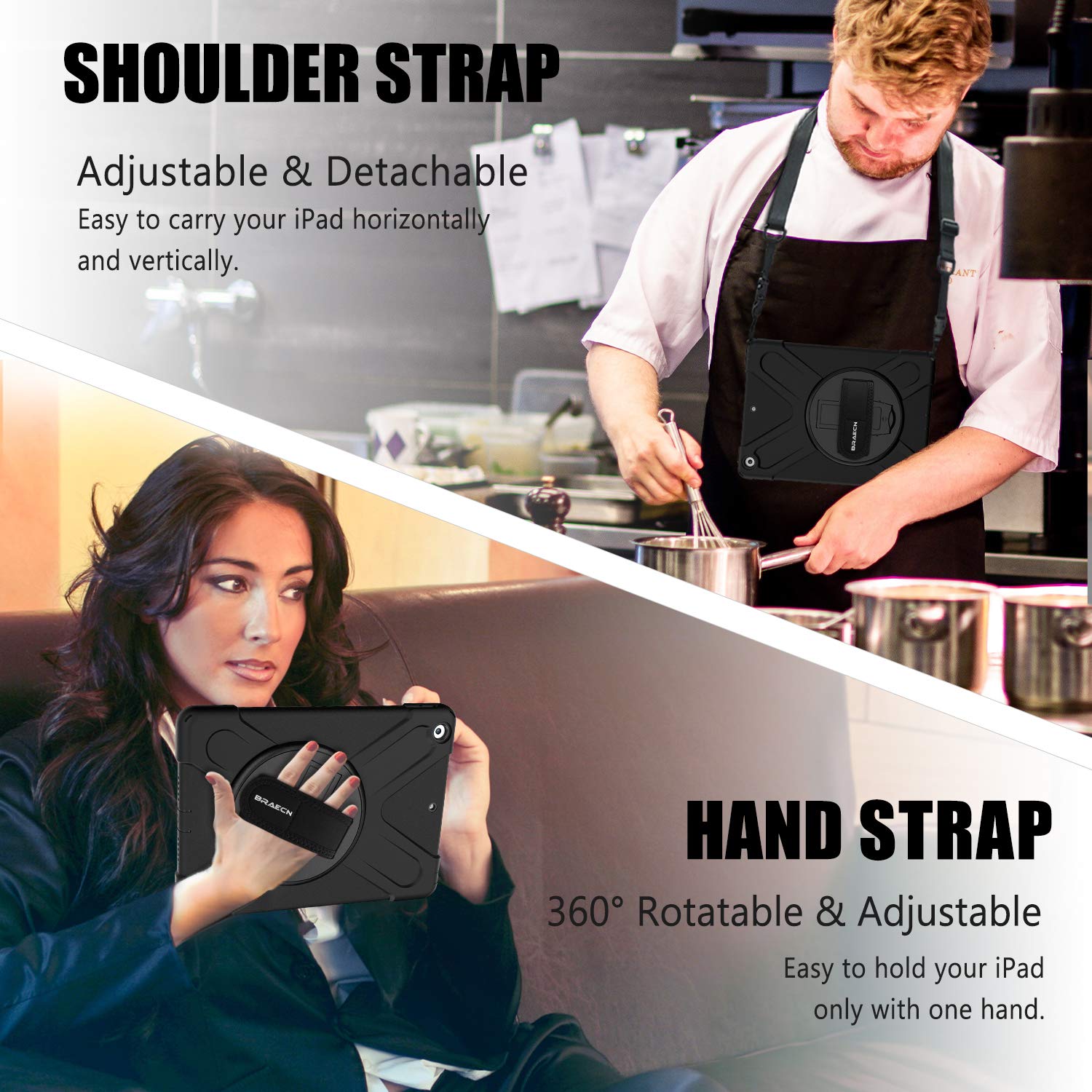 BRAECN for iPad 9th/8th/7th Generation Case, iPad 10.2 2021/2020/2019 Case with Built in Screen Protector, Hand Strap, Swiveling Stand, Carrying Strap, Heavy Duty Rugged Case for iPad 10.2 Inch