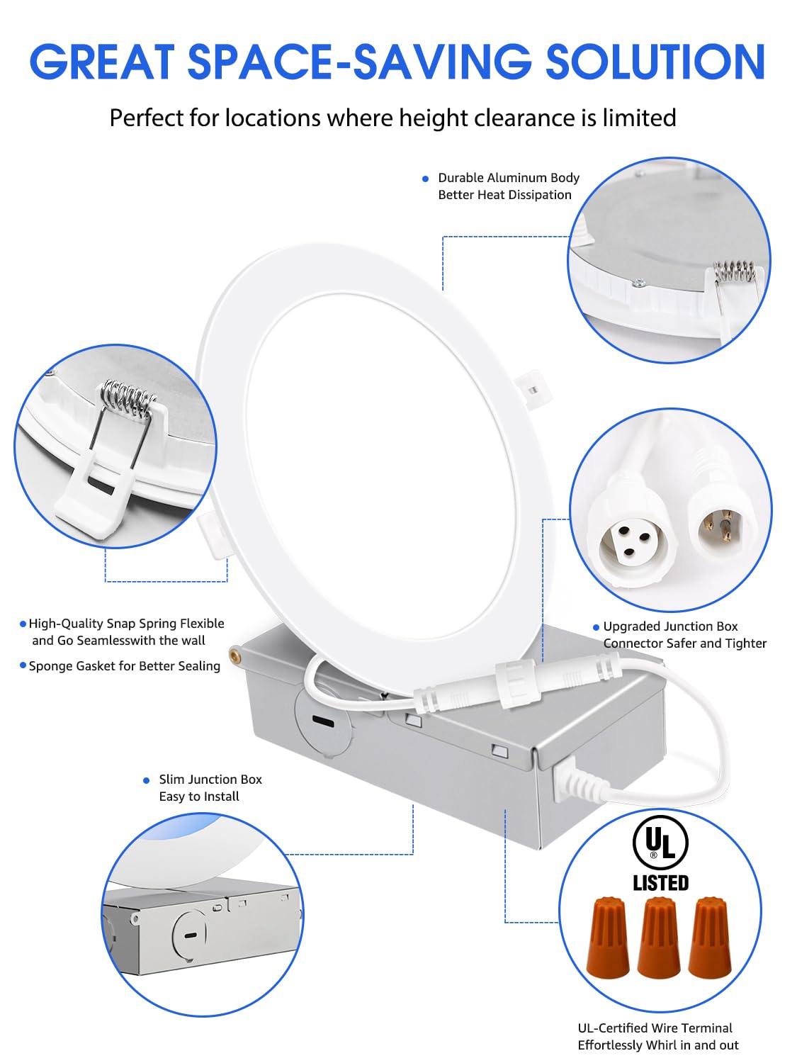 12 Pack 6 Inch Ultra-Thin LED Recessed Lighting with Junction Box, 5000K Daylight Canless Downlight, 12W=110W Eqv, Dimmable LED Ceiling Lights, 850LM, ETL Certified