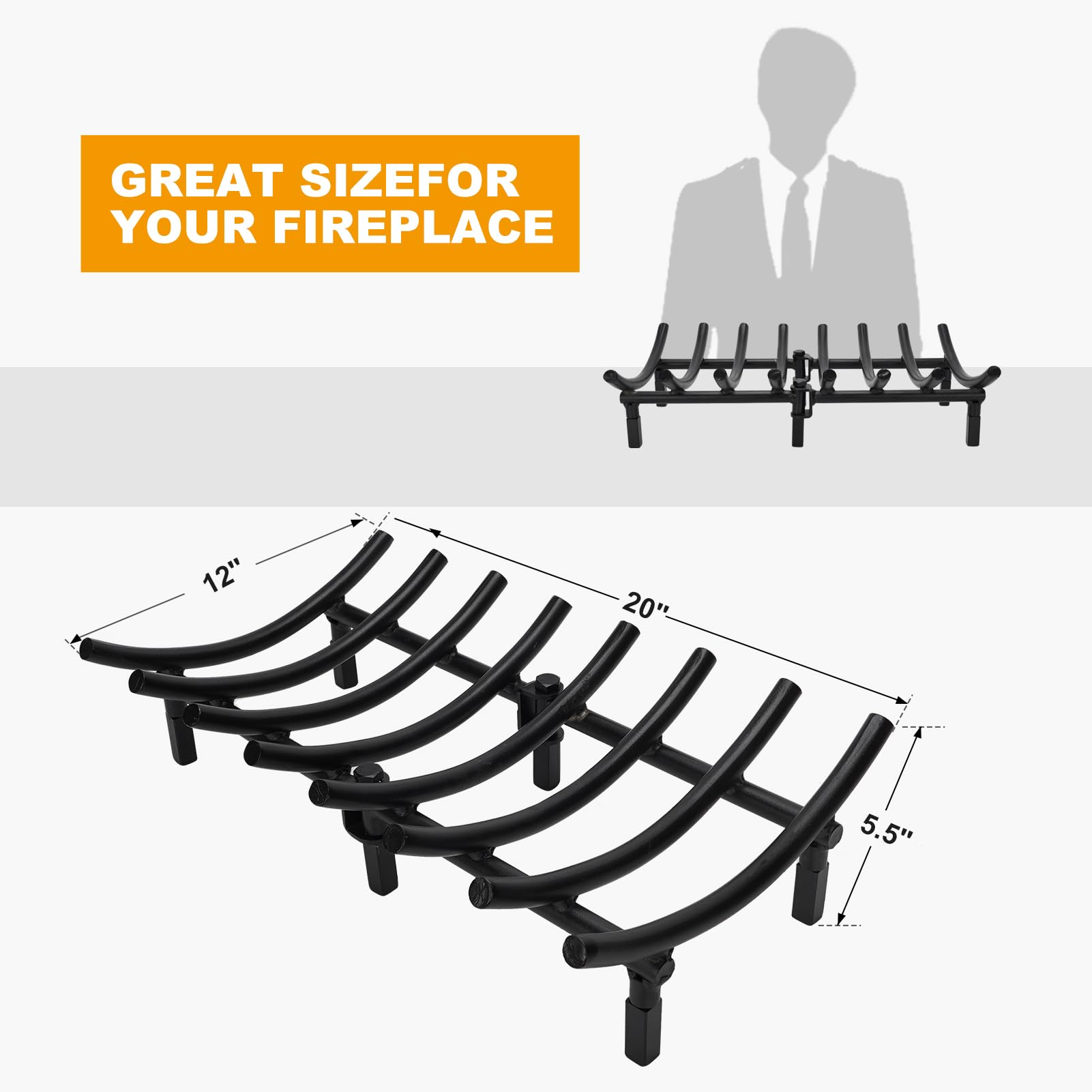 17" Fireplace Grate with Solid Round Steel 3/4" Bar, Heavy Duty Wood Stove Log Holder Rack Grates Easy Assembly Wrought Iron Indoor Outdoor Chimney Hearth Wood Burning Fireplace Accessories Tools