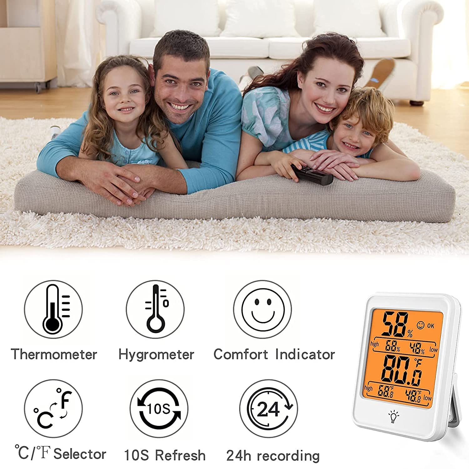 2 Pack Indoor Thermometer Digital Hygrometer for Home, Temperature Humidity Sensor with Air Comfort Indicator & 24H Max Min Records, Backlight Display Room Thermometer Humidity Meter Gauge (White)
