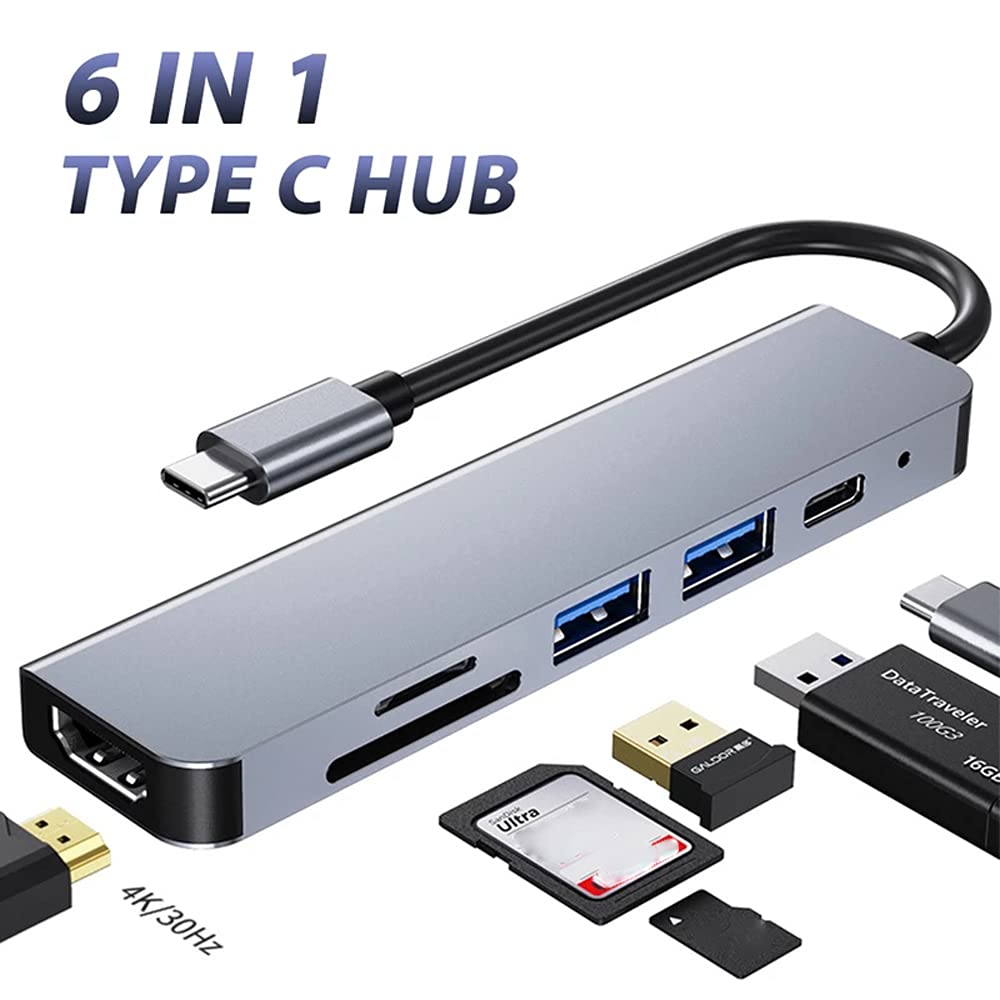 USB C Hub,6 in 1 Dual USB Type C Dock USB C SD TF Card Reader Splitter,USB3.0 Type C Hub Adapter for Notebook 4K Video