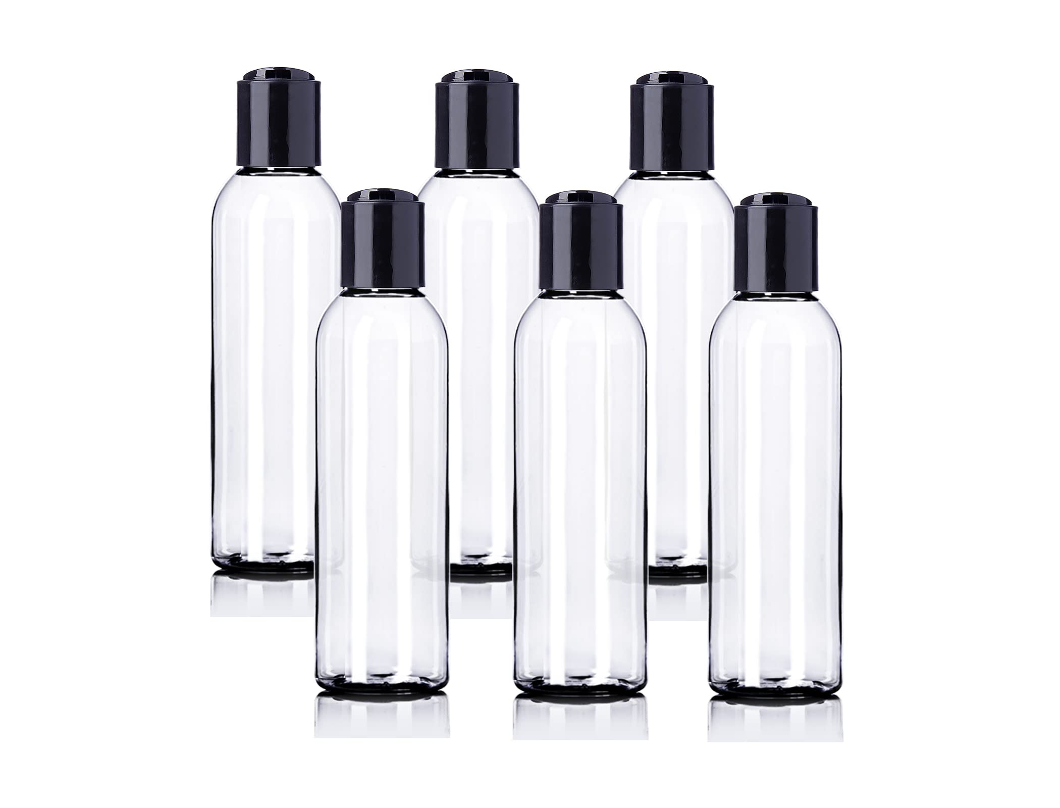 ljdeals 4 oz Clear Plastic Empty Bottles with Black Disc Top Caps, Squeezable Refillable Containers for Shampoo, Lotions, Cream and more Pack of 6, BPA Free, Made in USA