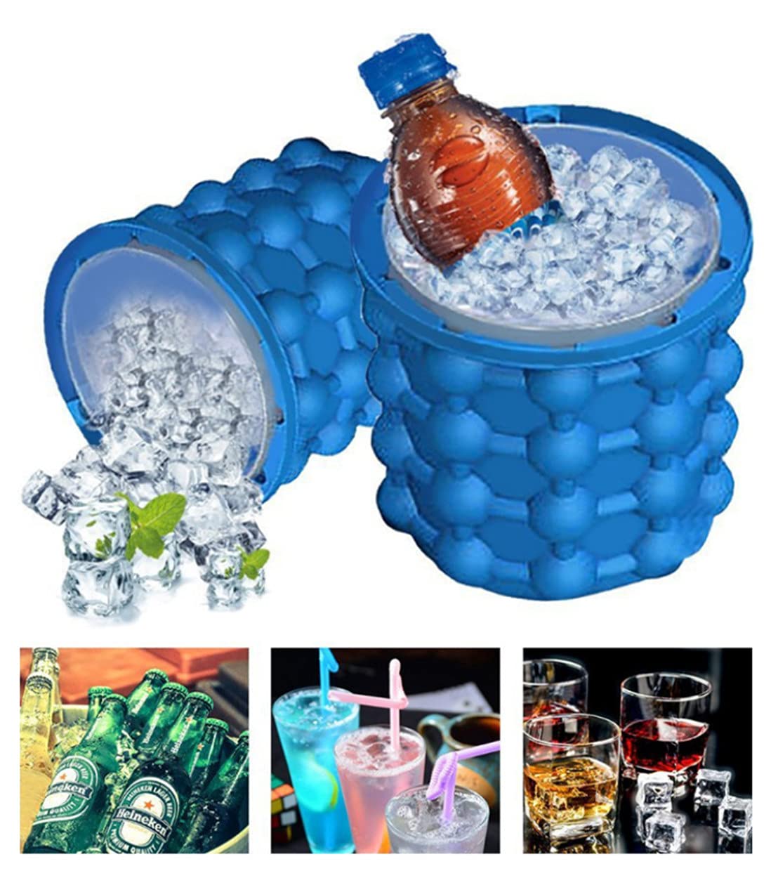 2 in 1 silicone ice bucket and ice mold with lid, silicon ice cube maker wizard, portable silicon ice cube maker (blue)