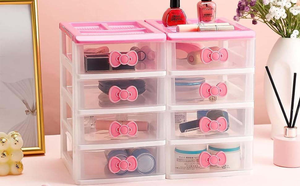 WQURC Lovely Girls Receiving Storage Cabinets Box Room Desktop Makeup Organizer With Four-tier Desk Receiving Drawers N Pink Bowknot (1)