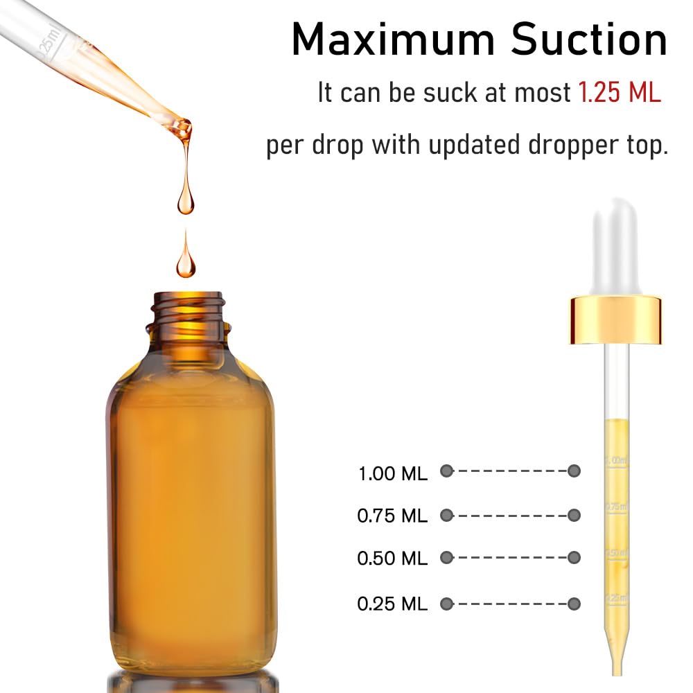 Bumobum Dropper Bottles 4oz, Amber Glass Bottles with Dropper for Essential Oils with Labels and Funnels, 2 Pcs Tincture Bottles with Golden Top (Unbreakable Plastic Eye Dropper with Measurements)