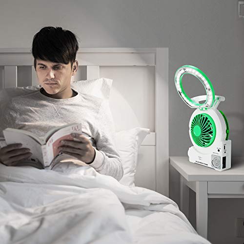 RERBO Multi-Function Solar Fan with Radio/MP3/Table Lamp/Torch/Cell Phone Charging Portable Emergency Outdoor Electric Fan for Camping Fishing and Hurricane (Green)