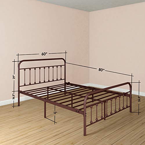 AMBEE21 Vintage Queen Metal Bed Frame with Headboard and Footboard Platform/Wrought Iron/Heavy Duty/Solid Sturdy Metal Slat/Rustic Brown/No Box Spring Needed/Industrial & Farmhouse