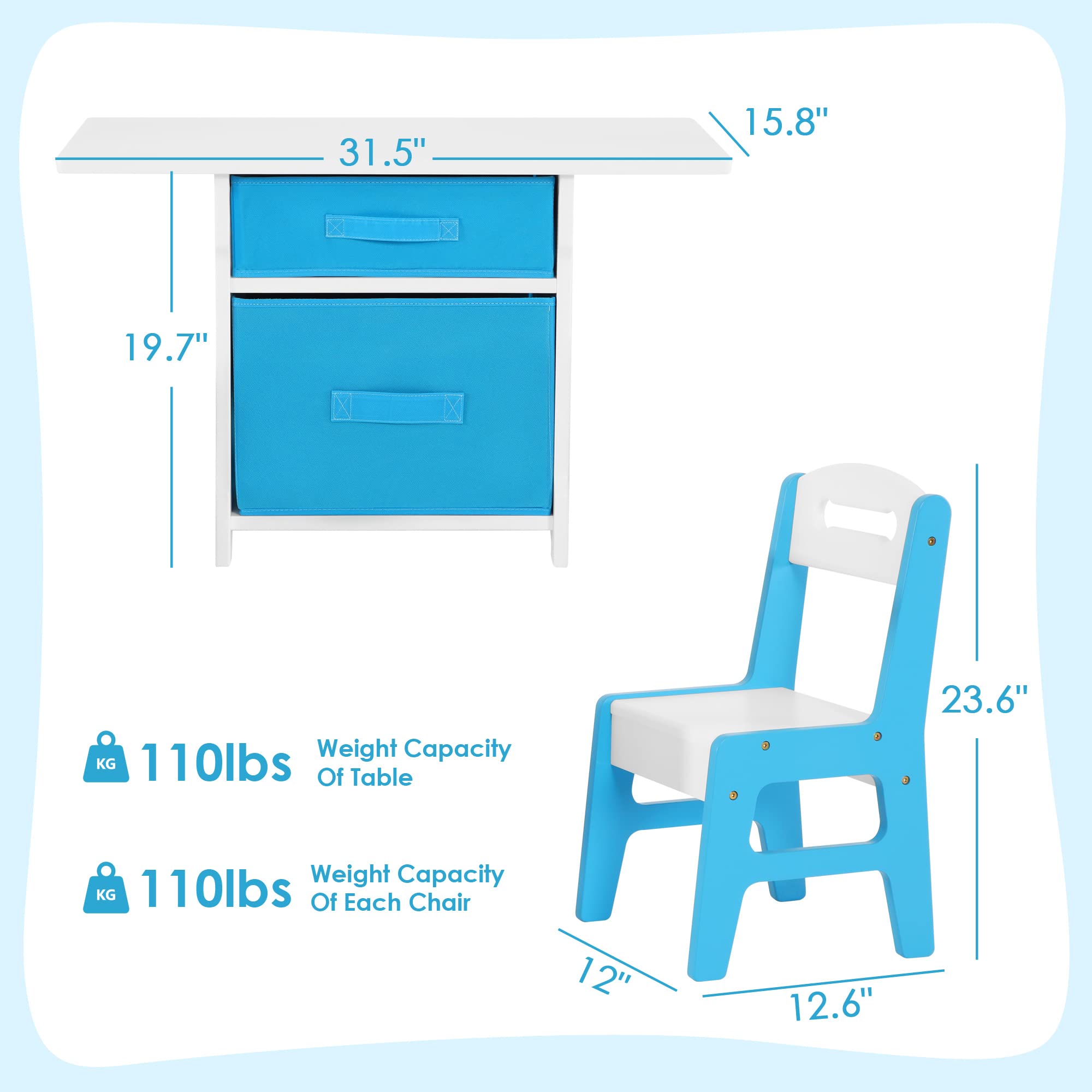 Bateso Kids Table & Chair Set, Toddler Table and Chairs Set with Storage, Kids Table and 2 Chairs with Storage for Learning, Teaching, Eating, Playing, Kindergarten, Living Room