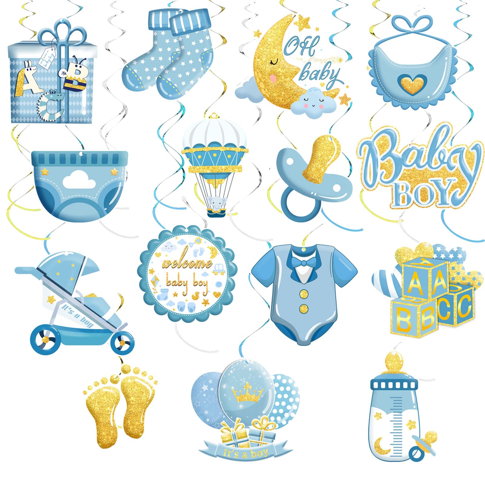36pcs Blue Baby Shower Party Hanging Swirls Decor, It's A Boy Themes Party Supplies Boy Ceiling Hanging Streamers for Kids Gender Reveal Baby Shower Birthday Party Decorations