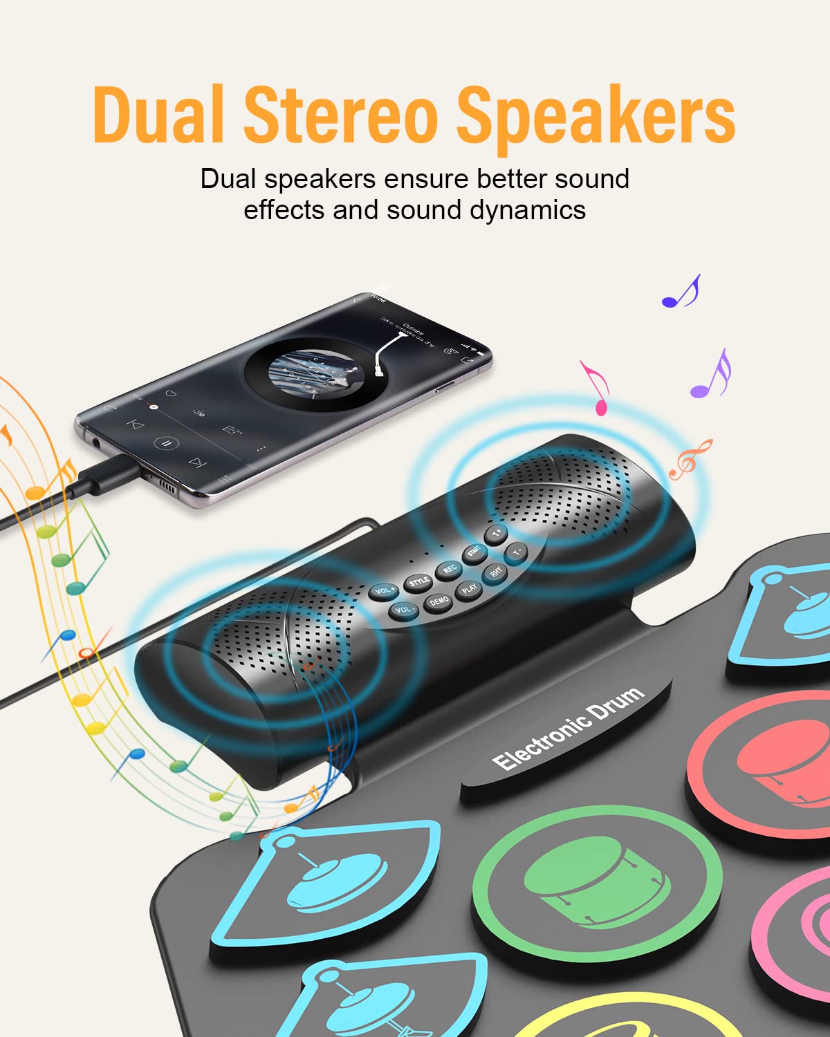 9 Pads Electronic Drum Set, 19Γ13 Inch Roll-Up Drum Portable Drum Pad Kit With MIDI Education Function, Built-in Speaker, Supports headphone/Bluetooth, Great Holiday Birthday Gift for Kids β Colorful