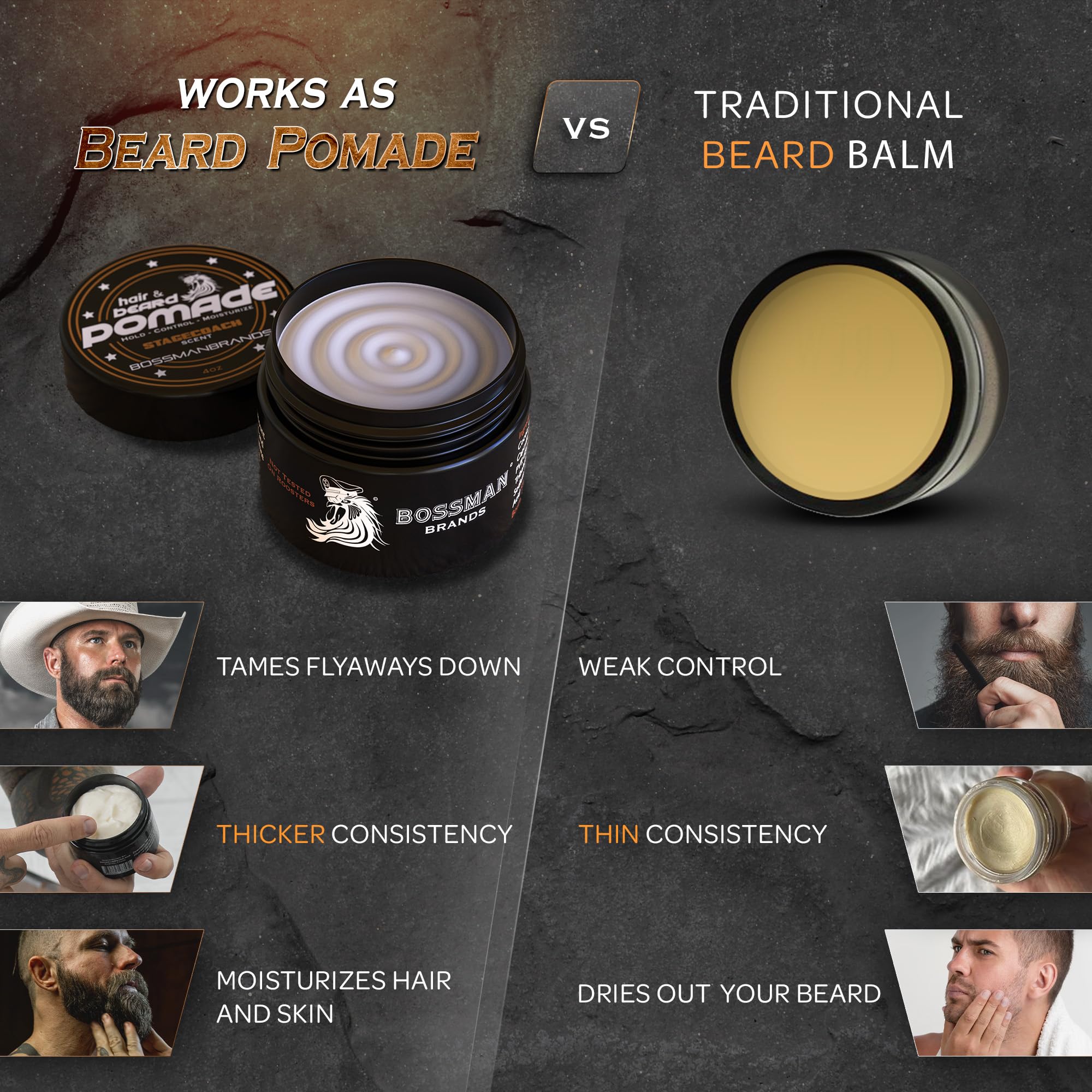Bossman Hair & Beard Pomade - All Day Hold, Control and Moisturizing Hair, Beard and Moustache Styling Product - Natural Strong Hold Pomade - Made in USA (Stagecoach Scent)