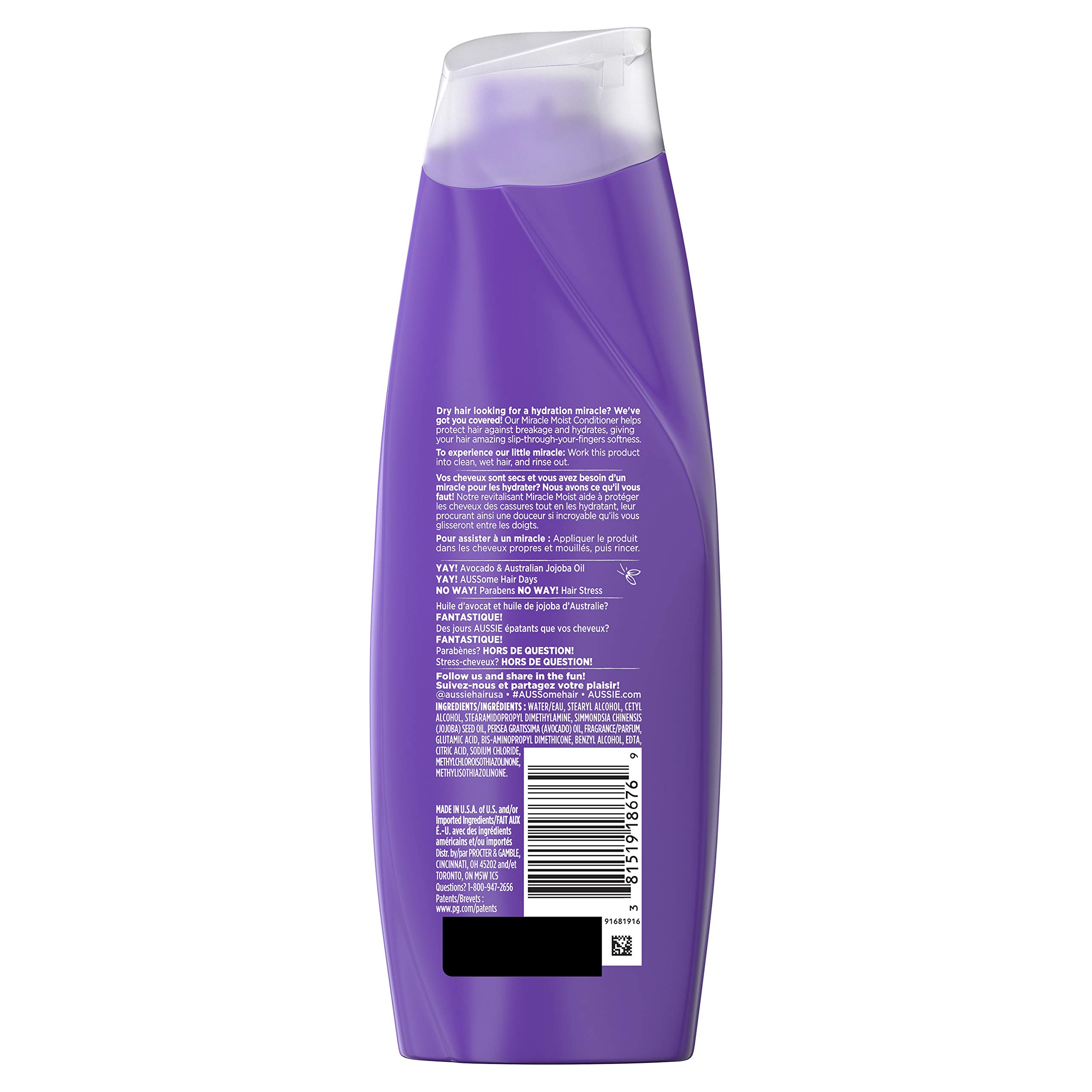Aussie Paraben-Free Miracle Moist Conditioner w/Avocado & Jojoba Oil For Dry Hair, 12.1 fl oz