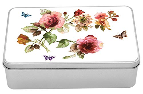 Ambesonne Flower Tin Box, Shabby Form Roses Buds Leaves Tulips Floral Details Butterfly Natural Eco Print, Portable Rectangle Metal Organizer Storage Box with Lid, 7.2" X 4.7" X 2.2", Green Rose