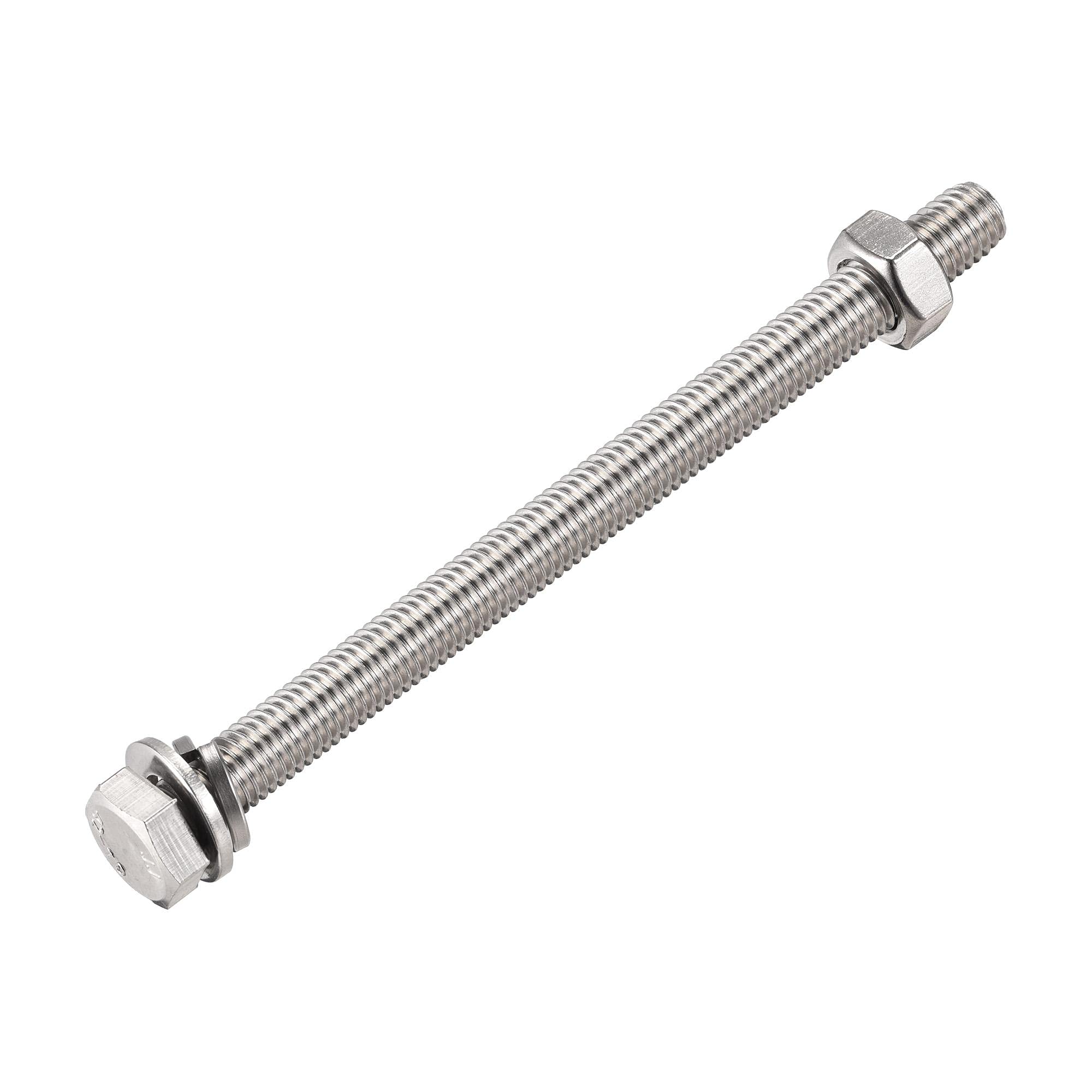 uxcell M10 x 140mm Hex Head Screws Bolts, Nuts, Flat & Lock Washers Kits, 304 Stainless Steel Fully Thread Hexagon Bolts 4 Sets