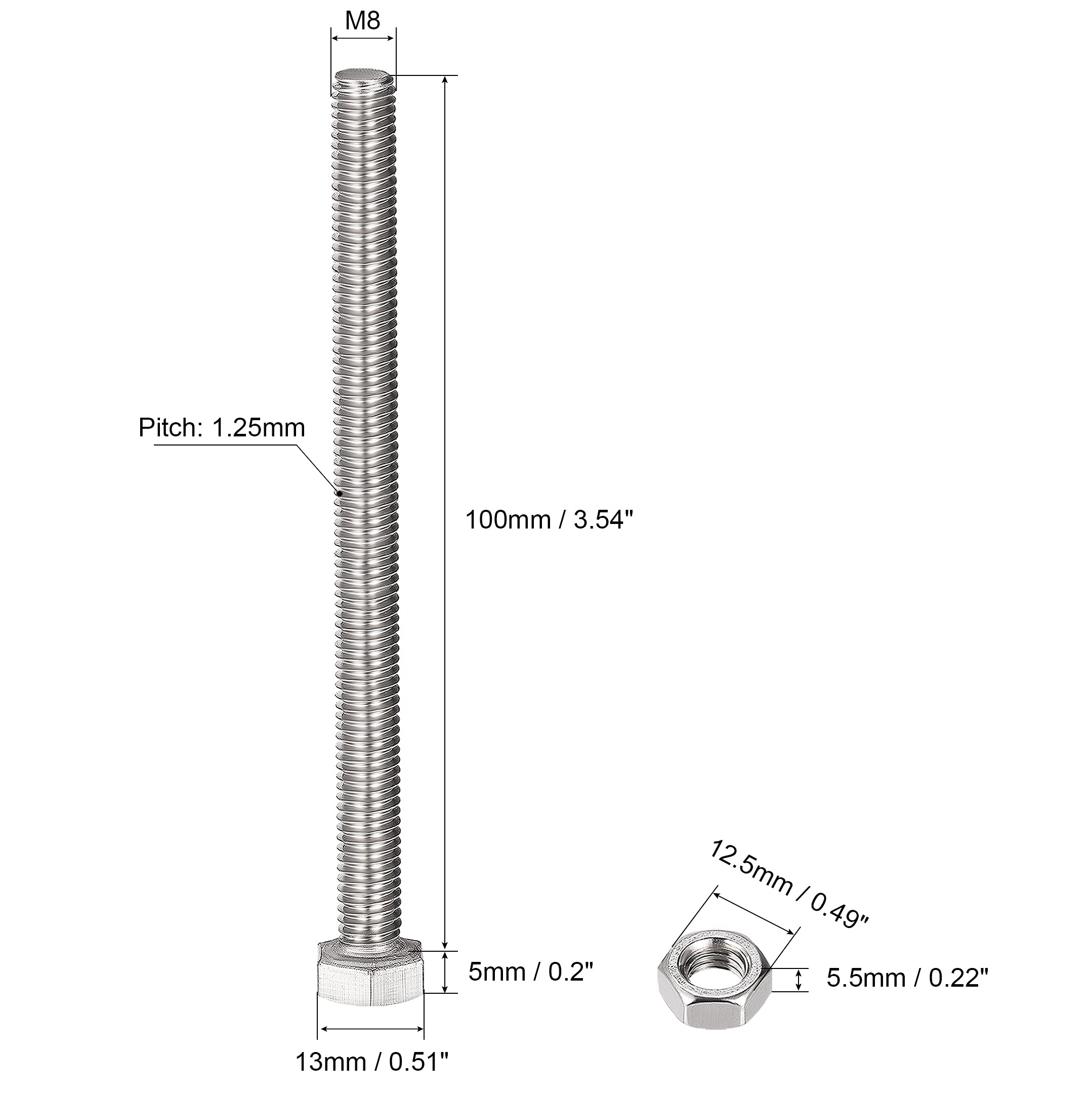 uxcell M8 x 100mm Hex Head Screws Bolts, Nuts, Flat & Lock Washers Kits, 304 Stainless Steel Fully Thread Hexagon Bolts 6 Sets