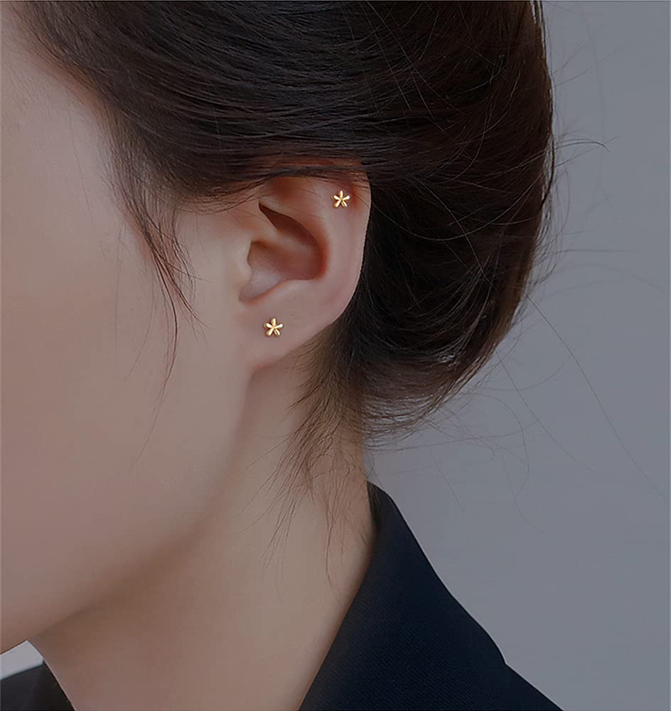 18G Tiny Flower Stud Cartilage Earrings for Women Girls 925 Sterling Silver Mini Cute Daisy 3mm Ball Barbell Screw Back Studs Sleeper Tragus Post Minimalist Hypoallergenic Piercing Body Jewelry (Gold)