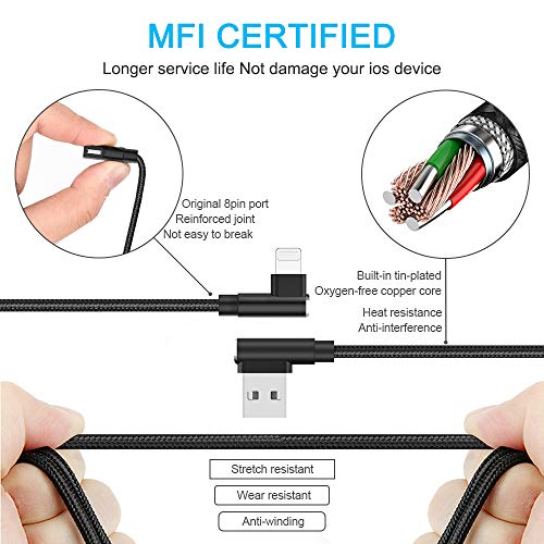 aceyoon 2 Pack MFi Certified Lightning Charger, 1ft Right Angle Lightning Cable Braided Dual L Shape iPad Charger Fast Charger USB Cable Compatible with iPhone 11/11 Pro/XS Max/XR/X/8/7/6, iPad