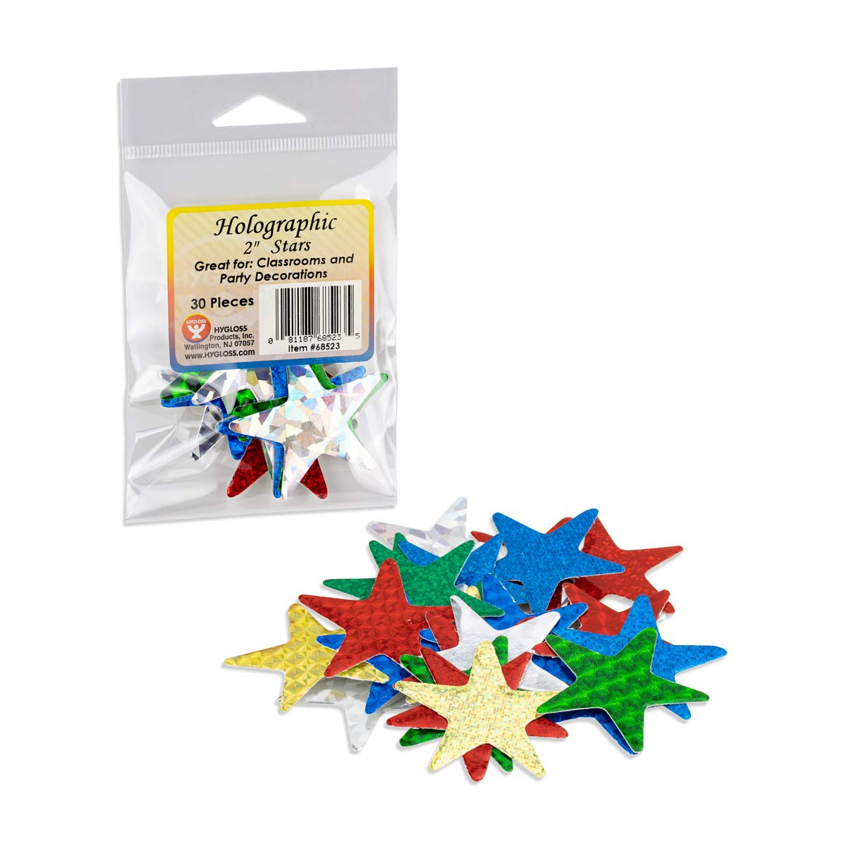 Hygloss Products Holographic Shape Cut-Outs, Sparkly Card Stock Stars in Assorted Designs and Colors, 2-Inch, 30 Per Pack