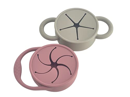 BraveJusticeKidsCo. | Snack Attack I&II Baby Snack Cup | 2 pack | Silicone Collapsible Toddler Snack Cup (Dusty Rose and Fog)