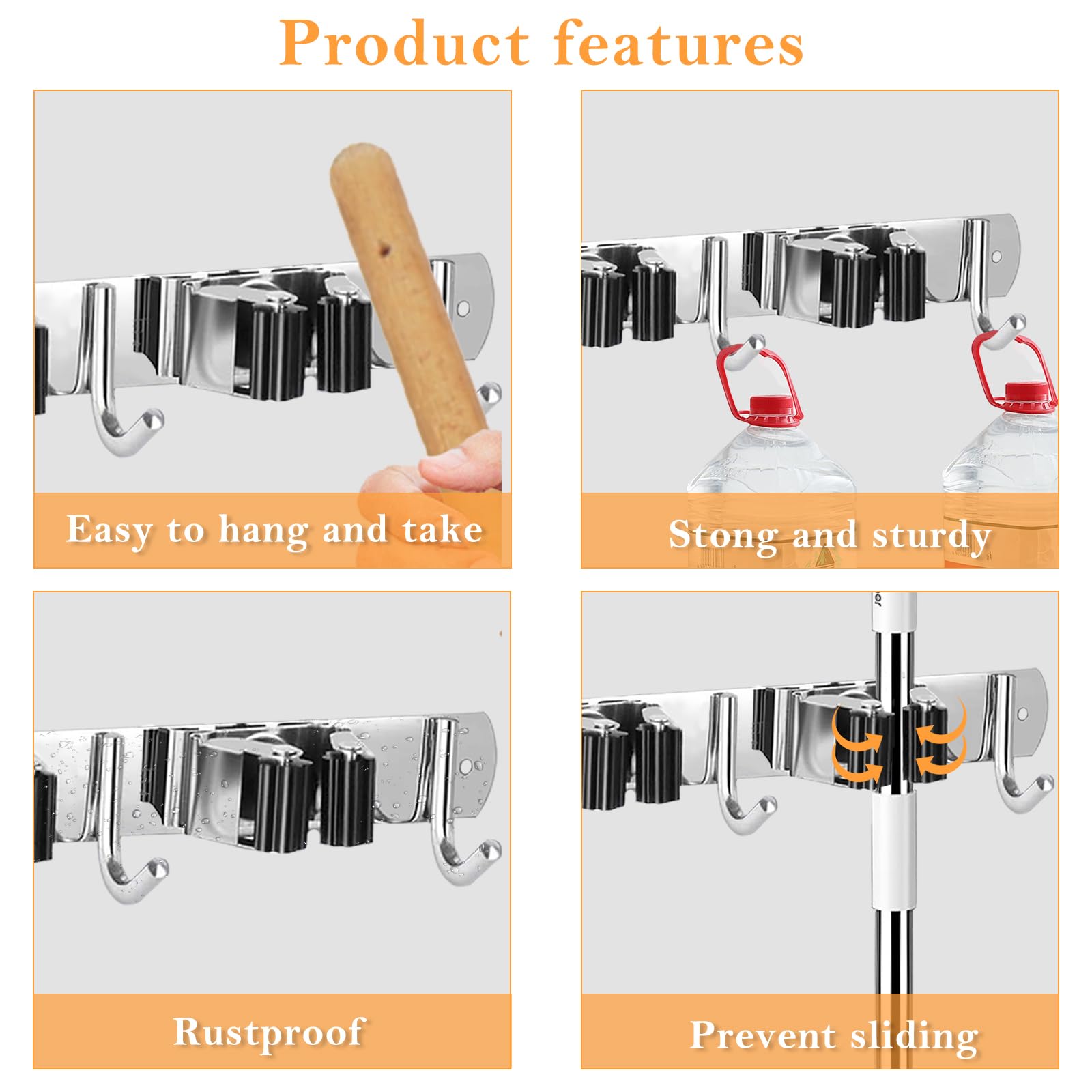 2 Pack Mop And Broom Holder Wall Mount, Upgraded Stainless Steel Broom Broom Holder Wall Mount, Heavy Duty Storage Rack Wall Mounted Adhesive for Home Kitchen Garden Laundry (Silver, 3 Racks 4 Hooks)