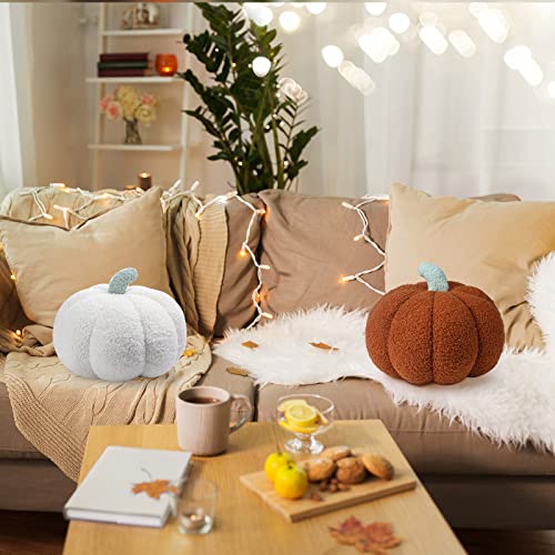 2 Pieces Simulated Pumpkin Plush Pillow 11 x 9.5 Inch 3D Thanksgiving Cushion Shaped Pillow Cozy Fall Decorations Toy Pillows for Thanksgiving Christmas Bedroom Sofa Couch Supplies (White, Brown)