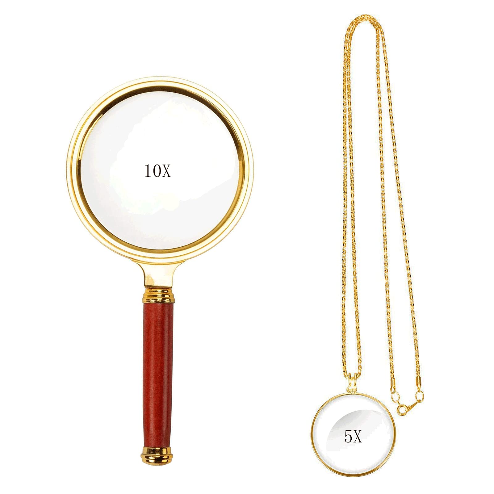 10X Handheld Magnifier Mahogany Handle Magnifier and 5X Necklace Magnifier Reading Magnifying Glass for Reading,Insect Observation, Rocks, Map, Crossword Puzzle,Jewelry