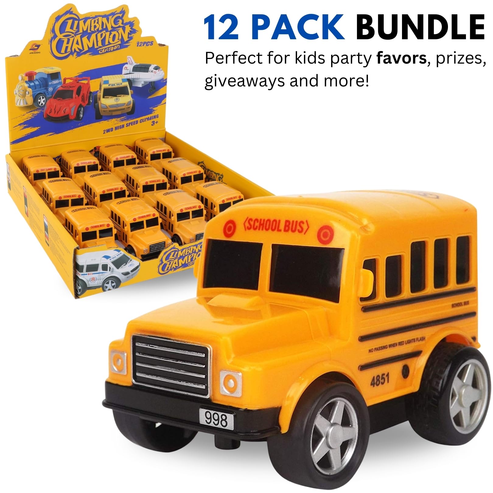 12 Pack in Box Chubby School Bus Model Toys - 4 inches Classic Long Nose Friction Powered 360 Rotation Vehicles - Ideal Gift, Party Favors for Kids (1 Dozen)