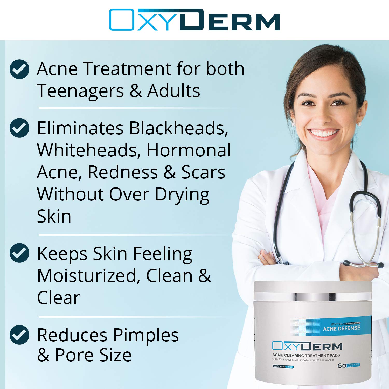 Acne Clearing Treatment Pads- Eliminates Acne Breakout Causing Bacteria. Clear Away Clogged Pores, Oily Skin, Blemish, Blackhead, Pimple, Cystic Breakouts. Contains Salicylic, Glycolic & Lactic Acid.