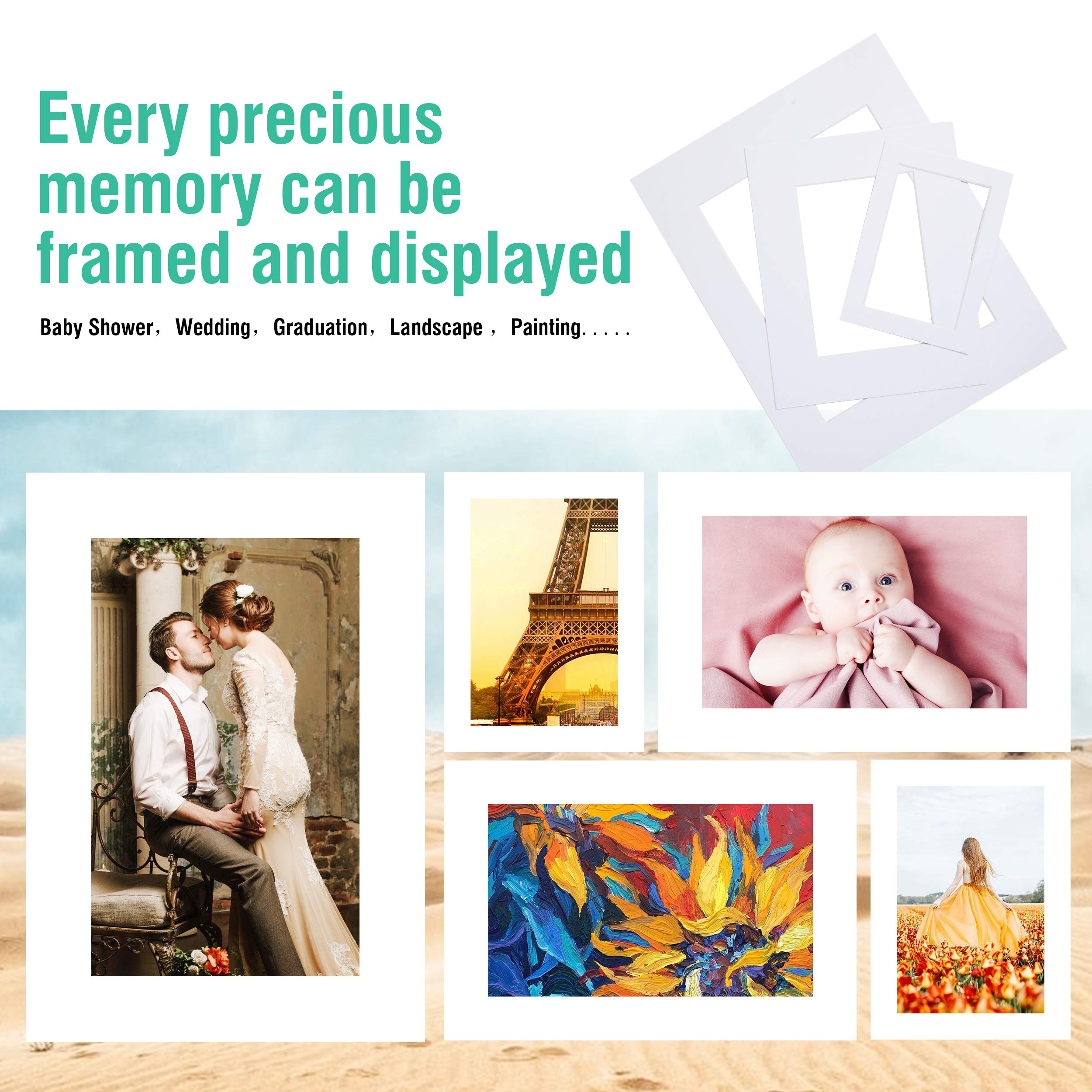 Acid Free 8x10 Pre-Cut Picture Mat Board Kit for 5x7 Photo, Includes 25 White Core Bevel Cut Mattes, 25 Backing Boards, 25 Crystal Clear Bags