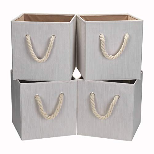 Robuy Set of 4 Beige Foldable Bamboo Fabric Cube Storage Bins with Cotton Rope Handle, Collapsible Resistant Basket Box Organizer for Shelves Size (10.5x10.5 x11 inch)