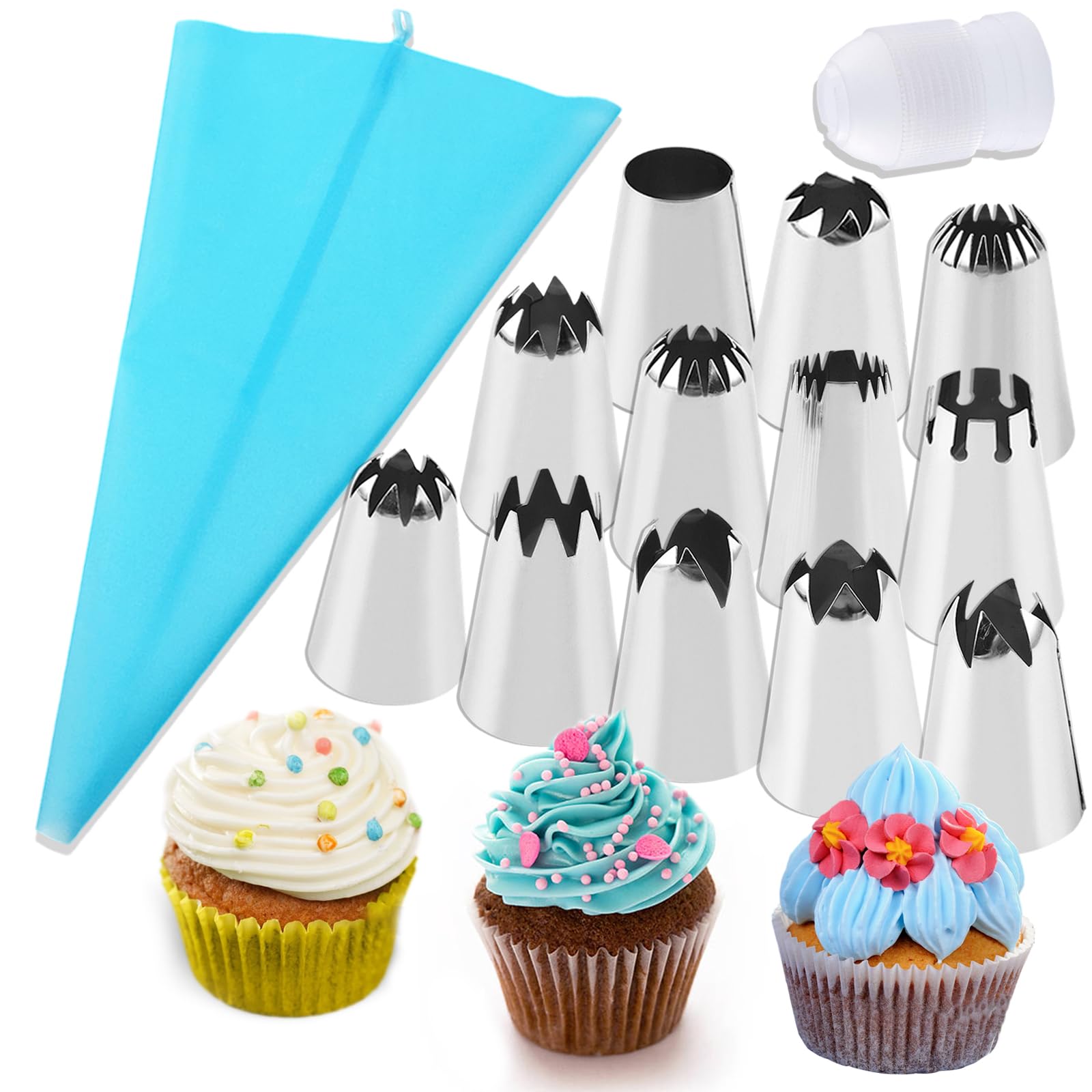 12PCS Large Piping Tips Set, Stainless Steel frosting tips with Reusable Pastry Bag, Cake Decorating Tips Set for DIY Pastry Dough, Cookie, Cupcake, Cake