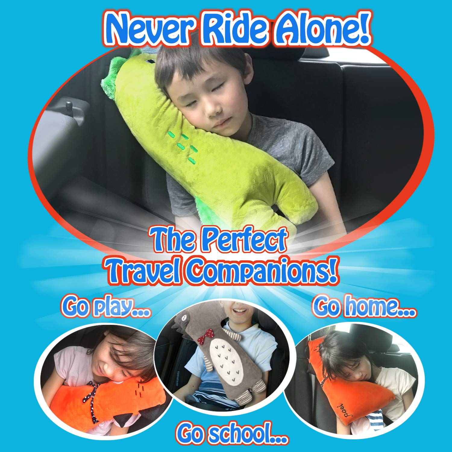Attelia Kids Car Seat Belt Pillow for Kids, Neck Support Pillow Adjustable Seat Strap Shoulder Pads Road Trip Pillow Seatbelt Buddy (Orange Fox R)