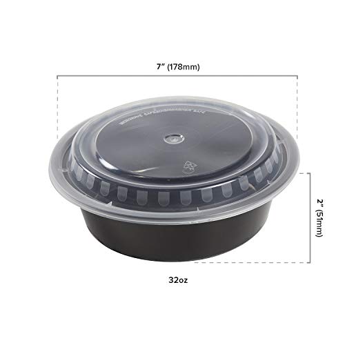 AmerCare 7 Inch Round Black Plastic Containers with Lids, 32 Ounces for Microwave or Freezer, Pack of 150