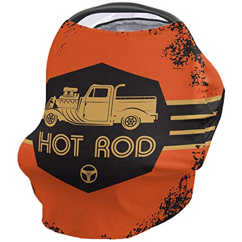 Car Seat Canopy Nursy Cover Retro, Multi Use Breastfeeding Scarf for Infant Carseat Canopy Stroller Shopping Cart Highchair Hot Rod Grunge Poster Design with Custom Truck Americana Vintage Engine