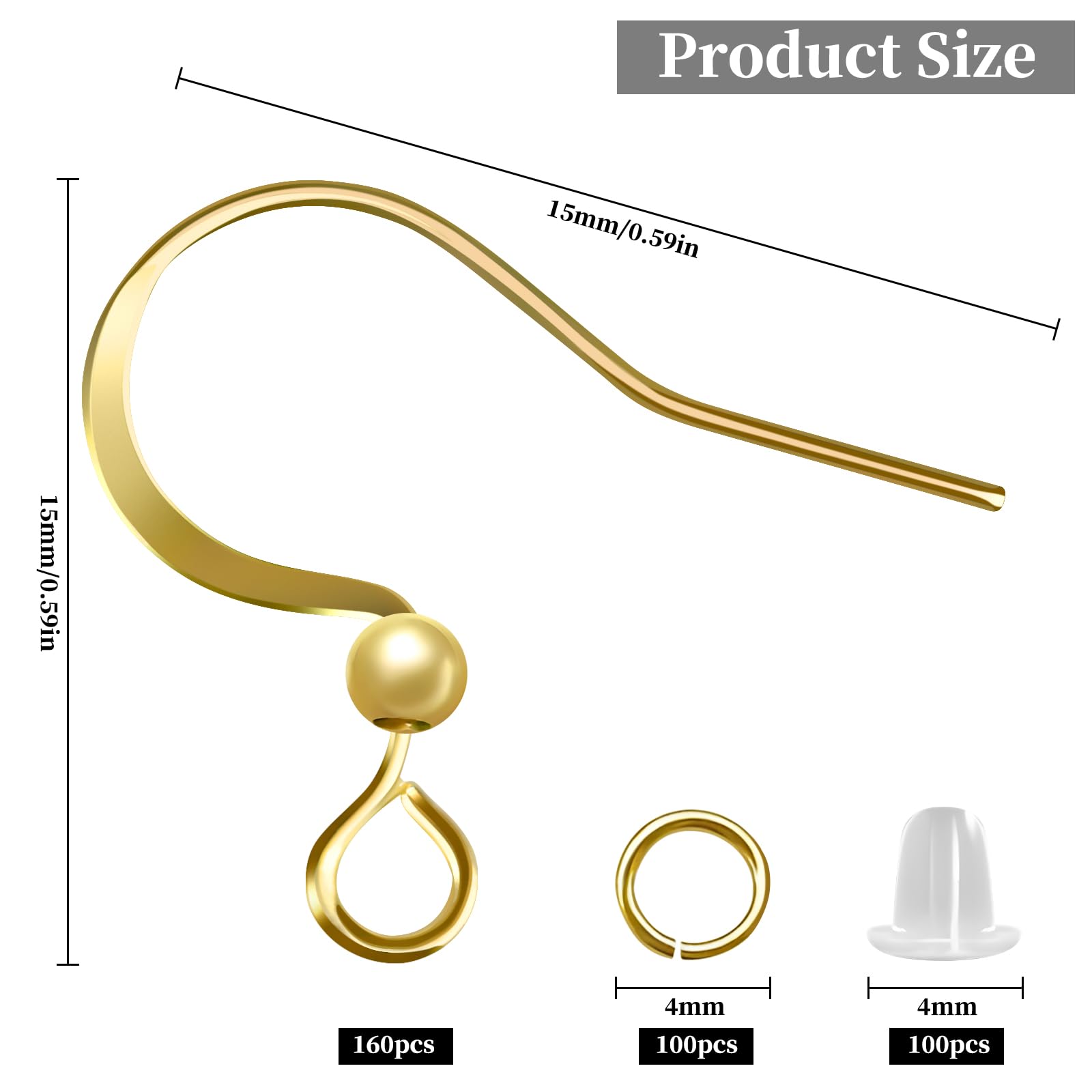 160 PCS/80 Pairs 14K Gold Tone Plated Earring Hooks Hypoallergenic Ear Wires Fish Hooks with 100 PCS Clear Silicone Earring Backs and 100 PCS Jump Rings Gold Earring Findings for DIY Jewelry Making