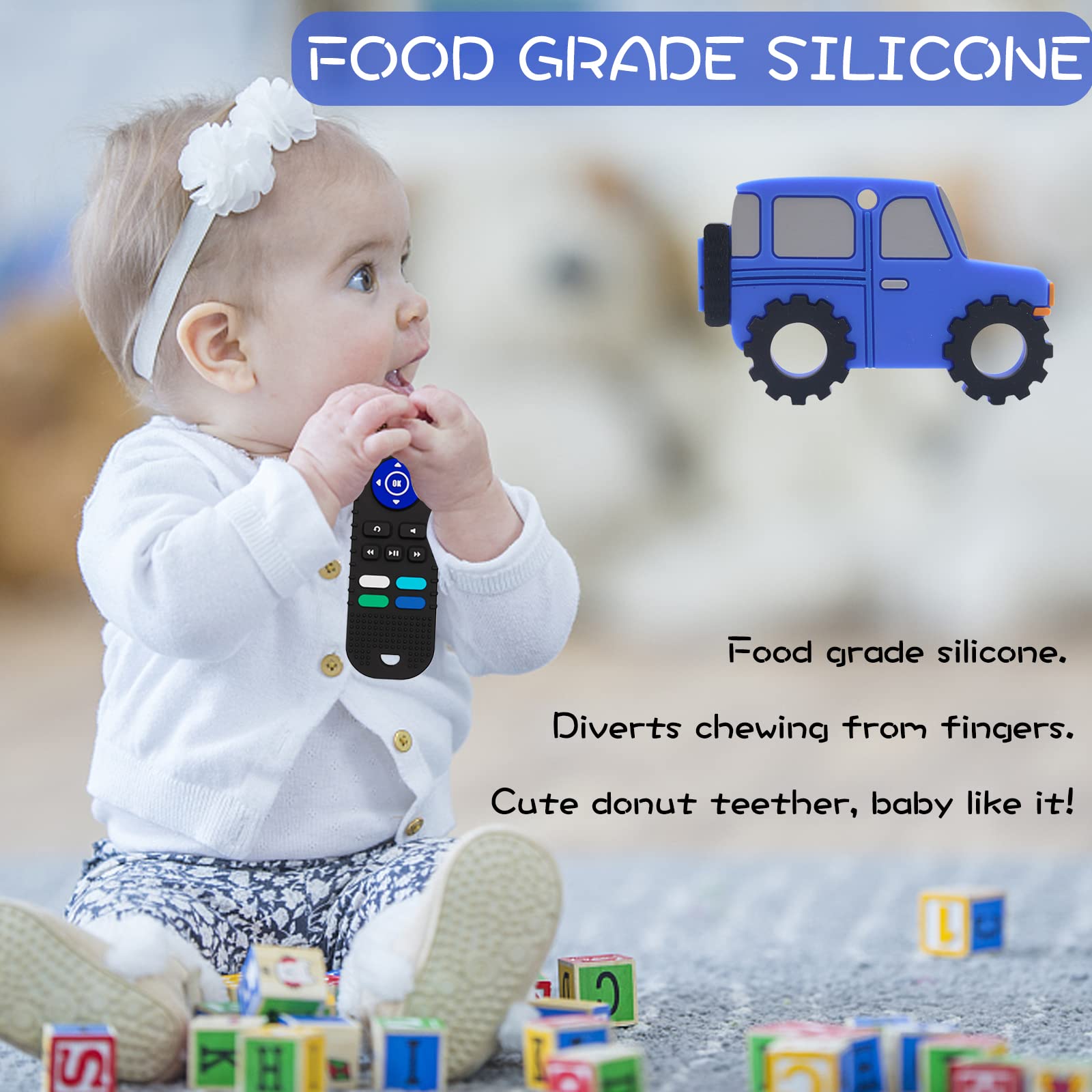 2 Pack Baby Teething Toys Remote Shape Teether Toy Soft Silicone Baby Chew Toy for Babies Soft-Textured Teether, Baby Chew Toys Sensory Toys (1 Rmote, 1 Car)