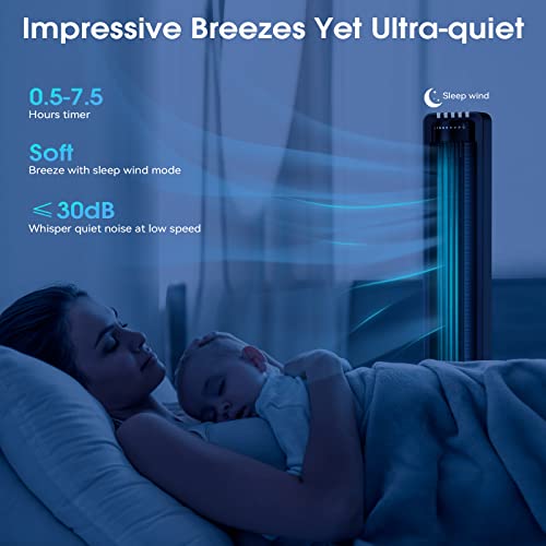 Airvention 115° Oscillating Modern Tower Fan for Bedroom, 43'' Standing Fan with Remote, 7.5H Timer, 28dB Ultra Quiet Cooling Floor Fan for Home, Office or Bedroom, 3 Speeds, 3 Modes, X01A, Black