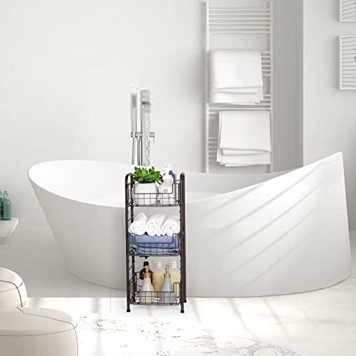 Bathroom Standing Shelf Unit, 3 Tier Towel Storage Shelf Metal Storage Rack for Bathroom Holds Bath, Soap, Shampoo, Paper and Toiletries(Brown)