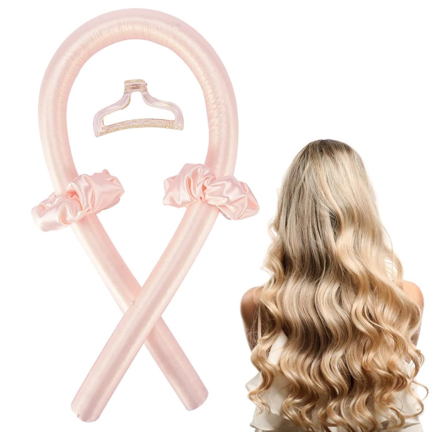 Gosuoa Women Heatless Curling Rod Rollers,No Heat Silk Curls Headband with Soft Foam, Curling Ribbon and Flexi Rods for Natural Long Medium Hair Diy Hair Styling Tools, Pink, 4 Piece Set