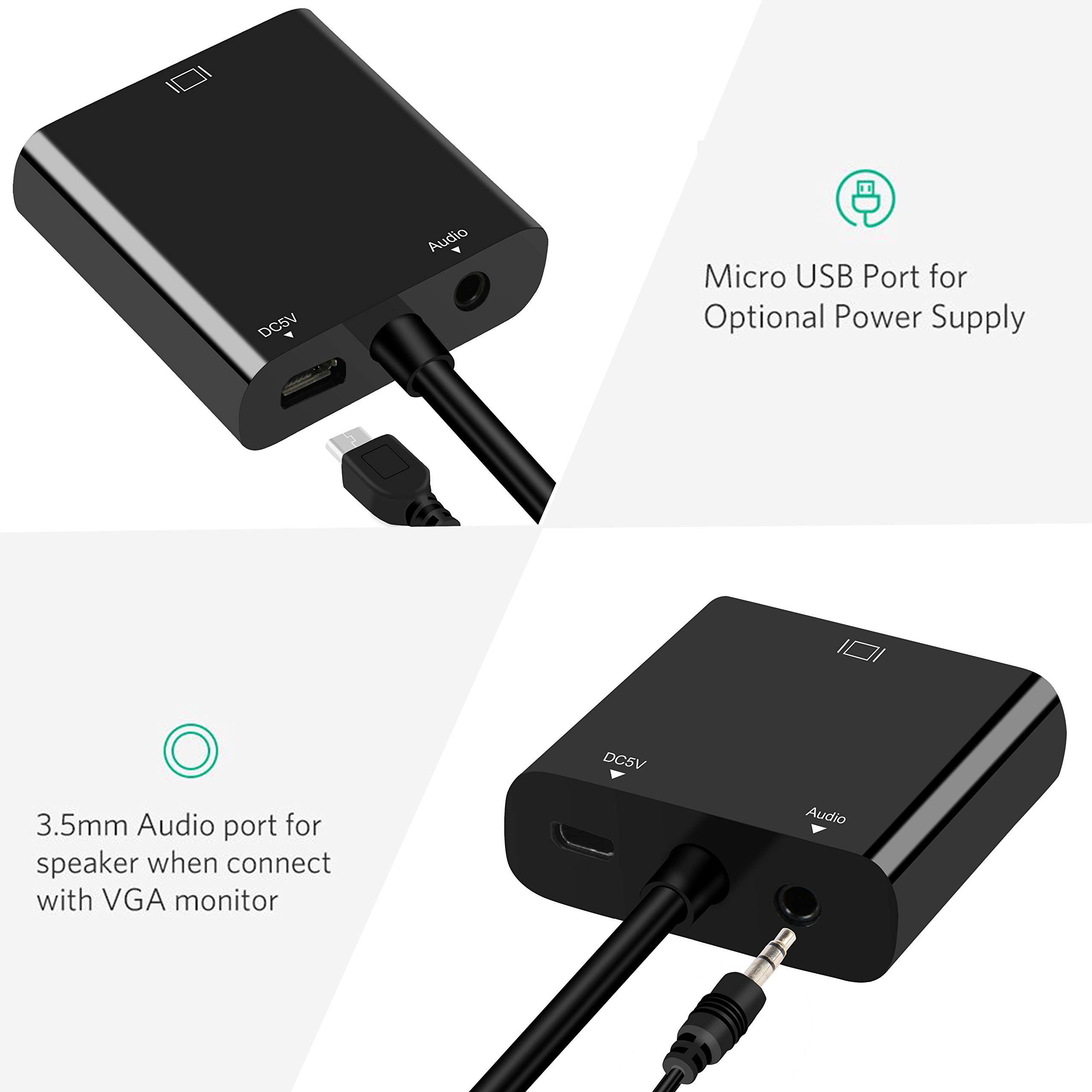 avedio Links Micro HDMI to VGA Adapter, Active Micro HDMI to VGA Video Converter with 3.5mm Stereo Audio, Micro HDMI to VGA Cable (Male to Female) Compatible with Laptop, Projector, HDTV