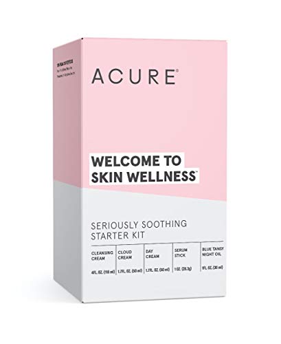 Acure Seriously Soothing Starter Kit - 100% Vegan & For Dry to Sensitive Skin, Includes Cleansing Cream, Cloud Cream, & Day Cream, Serum Stick & Blue Tansy Night Oil, 5 Count