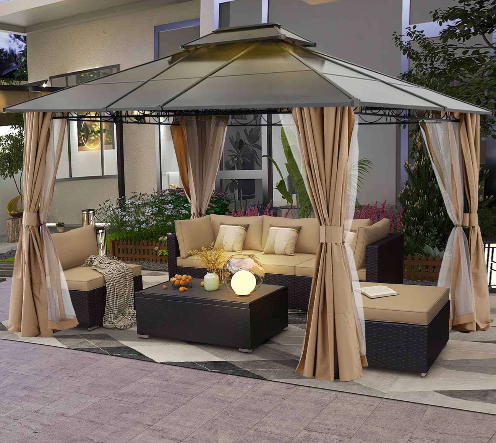 10x12 Double Roof Hardtop Patio Gazebo with Curtains and Netting by ABCCANOPY