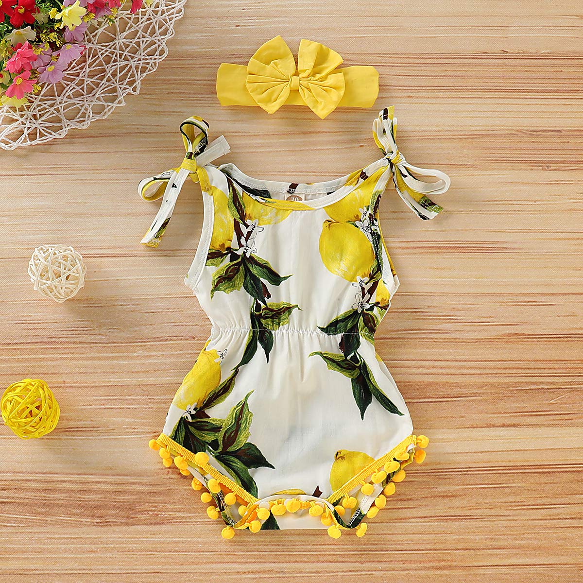 BOEBNOZCV Newborn Baby Girl Shoulder Girdle Pompom Tassel Romper Bodysuit Outfits Sleeveless Summer Lemon Sunsuit Clothes (Lemon, 0-6 Months)