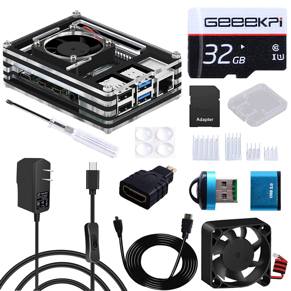 GeeekPi Raspberry Pi 4 Case with 4010 Fan, 5V 3A USB-C Power Adapter, Heatsink, HDMI Cable, HDMI Adapter,32G Preloaded (Raspberry Pi OS) Card for Raspberry Pi 4B (RPi Board Not Included)