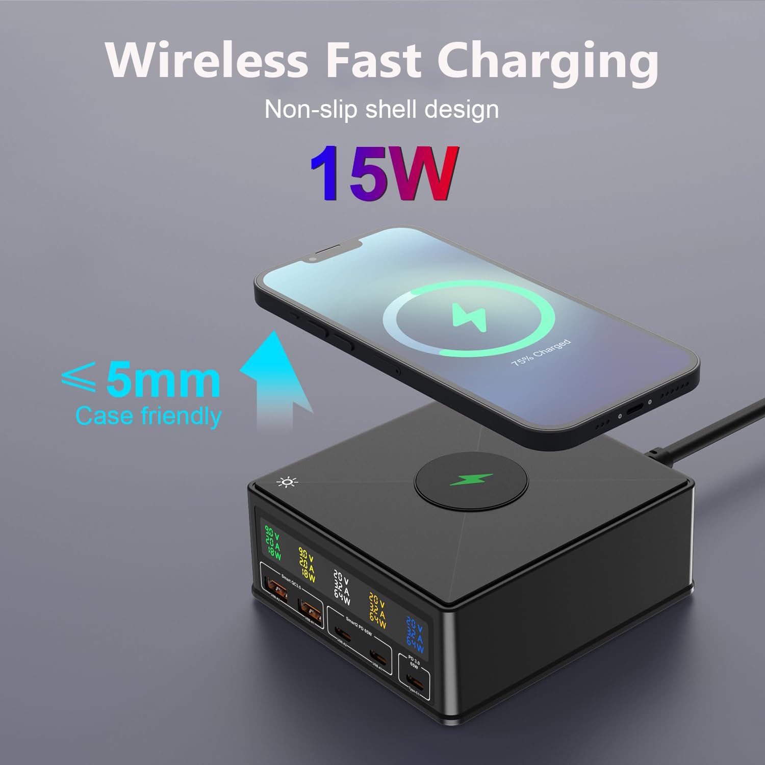 160W USB C GaN Charger,Ubigbuy 65W 5-Ports PD 3.0 USB C Fast Charging Station,Desktop Wireless USB C Power Adapter Hub with Display for MacBook Pro Air iPhone iPad Samsung