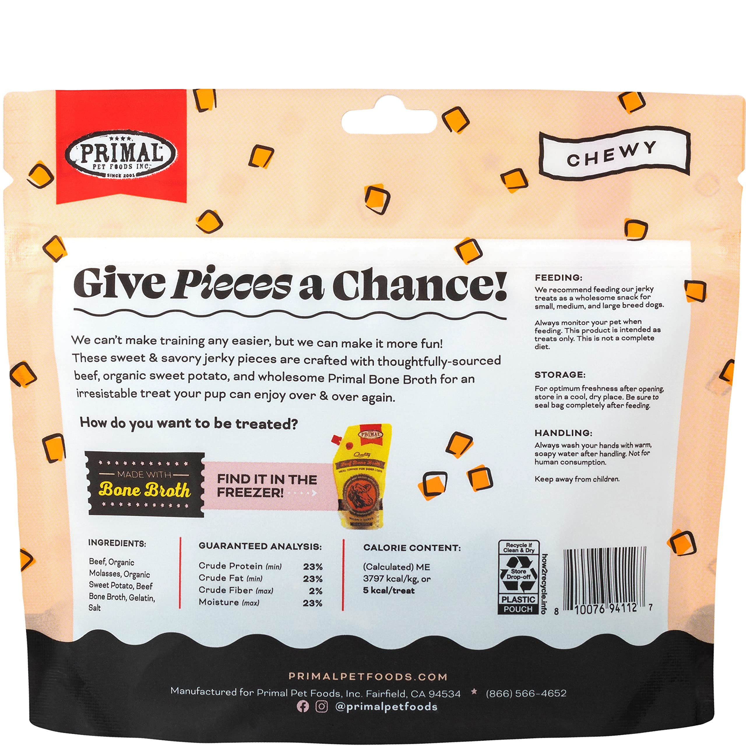 Primal Beef Jerky Dog Treats Made with Beef Bone Broth for Dogs, Give Pieces a Chance, Training Treat for Dogs, 4 oz