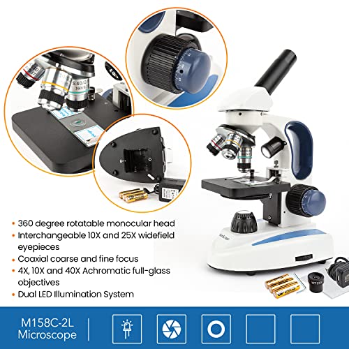 AmScope M158C-E Compound Monocular Microscope, WF10x and WF25x Eyepieces, 40x-1000x Magnification, Brightfield, LED Illumination, Plain Stage, 110V, Includes 0.3MP Camera and Software