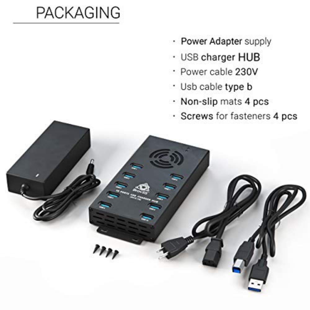 BrovSS: 10 Port USB 3.0 Hub - USB Hub Charger - Powered USB Hub - USB Charging Splitter - Multiple USB Port Hub - Charging Hub with 5V 10A 120W Power Adapter, Cooling Fan, Mounting Brackets (Black)